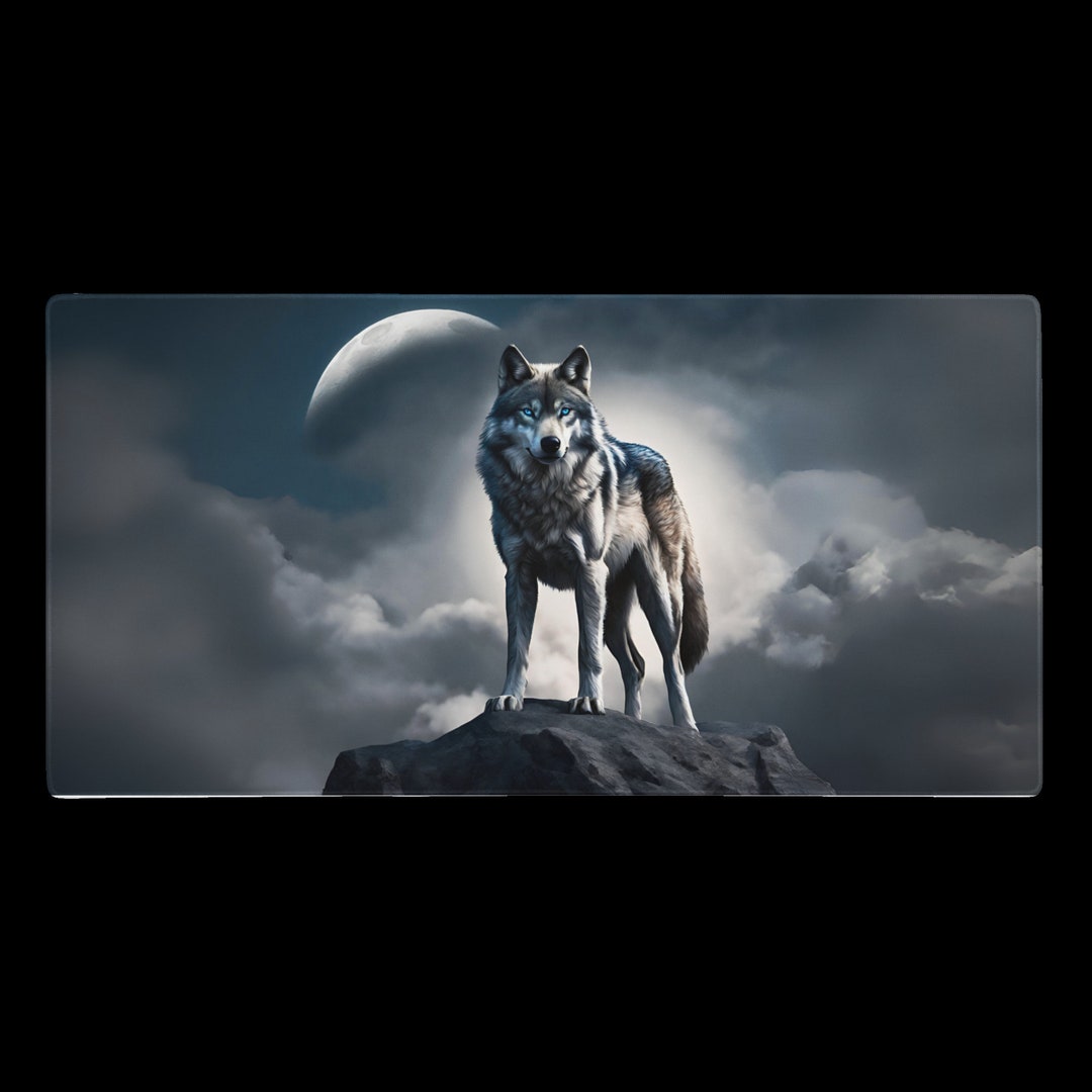 36x18 Blue-eyed Wolf Gaming Mouse Pad Mountain Moon Design - Etsy