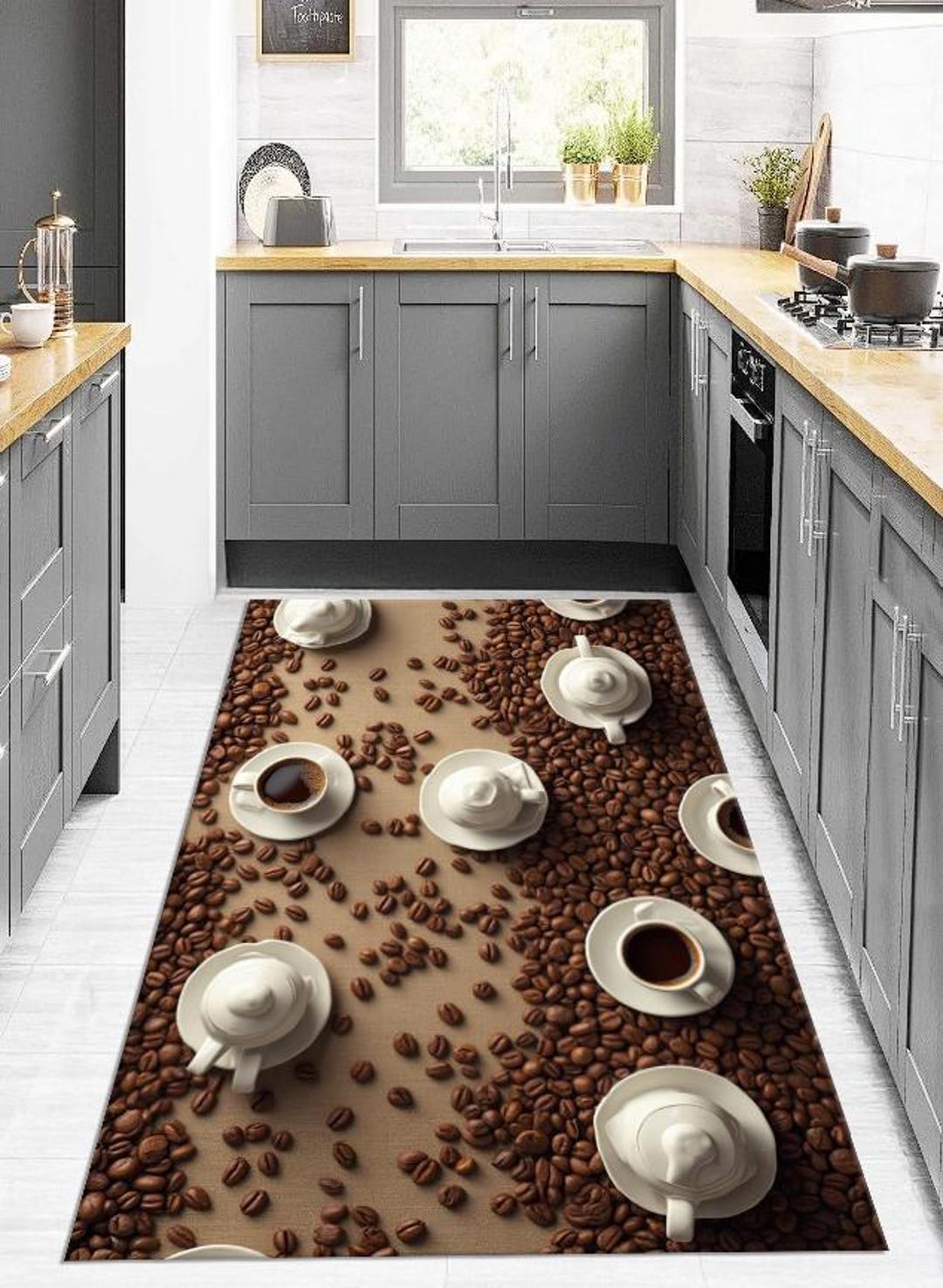 Kitchen Rug for Coffee Lovers - Realistic Coffee Beans & Cups Mat - Non ...