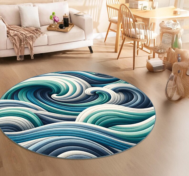 Ocean Waves Round Rug – Coastal Blue Swirl Carpet, Modern Abstract ...
