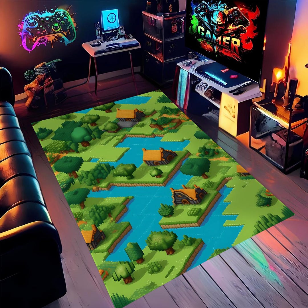 Pixel Gaming Rug - Retro Video Game Carpet - RPG Map Floor Mat - Gamer ...