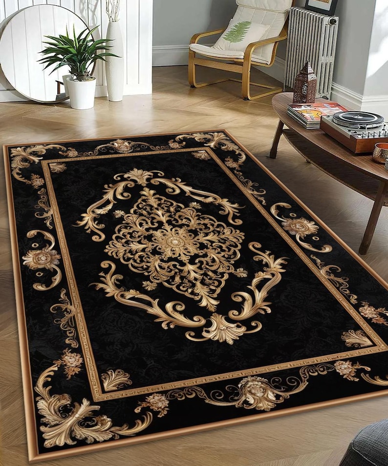 Black and Gold Baroque Rug - Elegant Ornate Vintage Style - Etsy