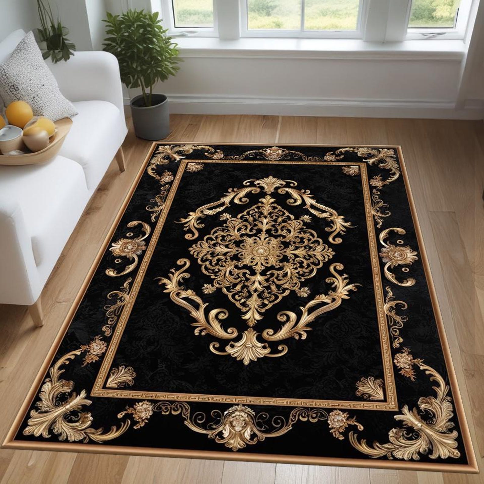 Black and Gold Baroque Rug - Elegant Ornate Vintage Style - Etsy