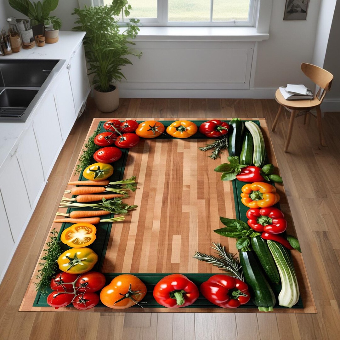 Vegetable Print Kitchen Rug – Colorful Cooking-themed Mat With Tomatoes ...