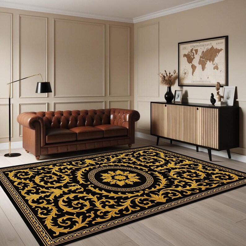 Black & Gold Baroque Rug: Rococo Medallion Scrollwork Carpet - Etsy