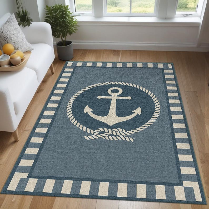 Nautical Anchor Rug – Navy Blue Coastal Decor, Kids Room Mat - Etsy