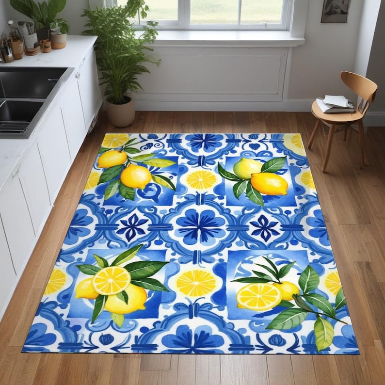 Lemon Kitchen Rug: Mediterranean Blue Tile, Non-slip Farmhouse Carpet ...