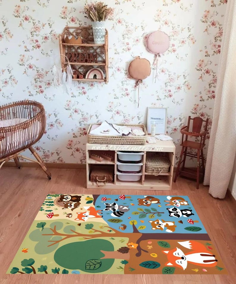 Kids Rug Woodland Animals - Cute Fox and Raccoon Play Mat - Soft ...
