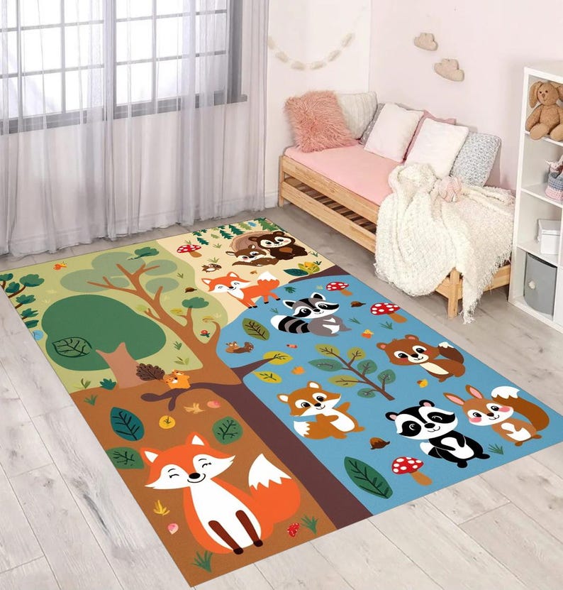 Kids Rug Woodland Animals - Cute Fox and Raccoon Play Mat - Soft ...