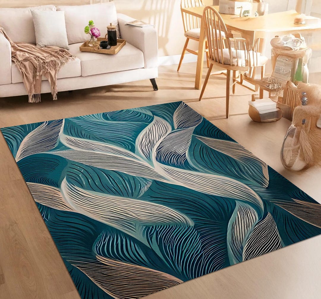 Teal Abstract Leaf Rug: Modern Botanical Carpet - Etsy