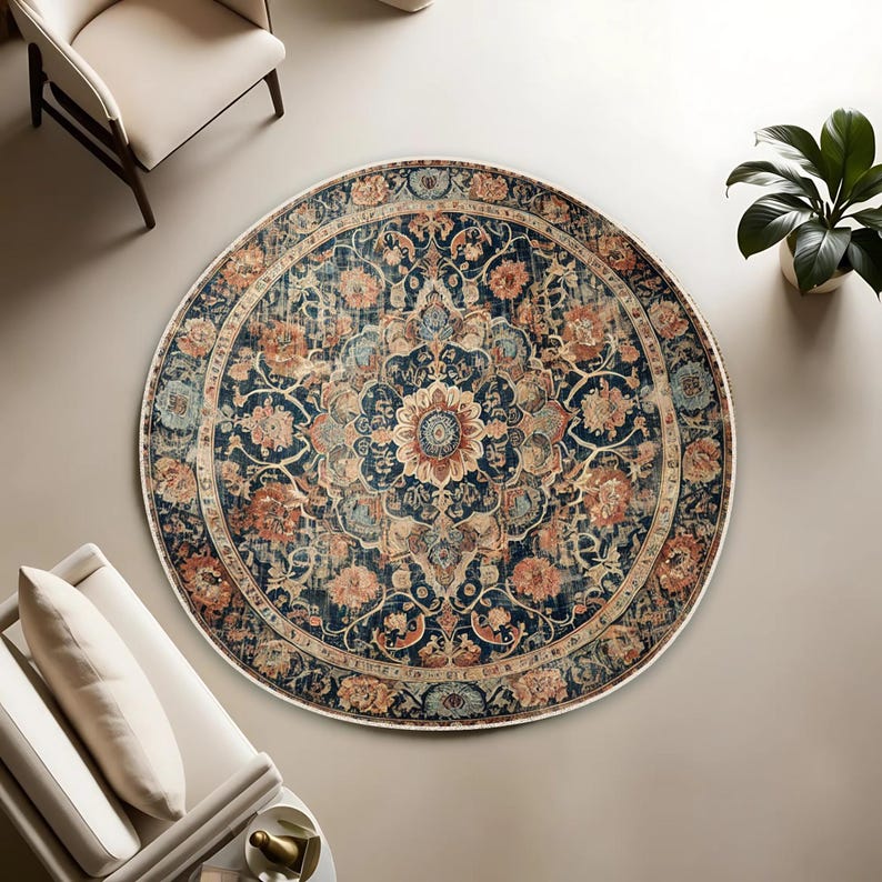 Distressed Round Persian Rug: Blue Beige Medallion, Vintage Style - Etsy