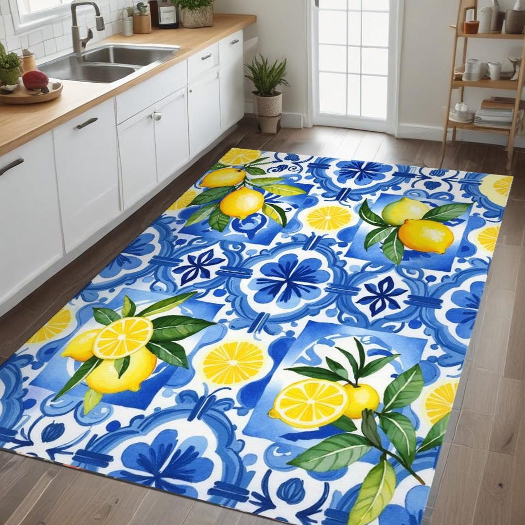 Lemon Kitchen Rug: Mediterranean Blue Tile, Non-slip Farmhouse Carpet ...