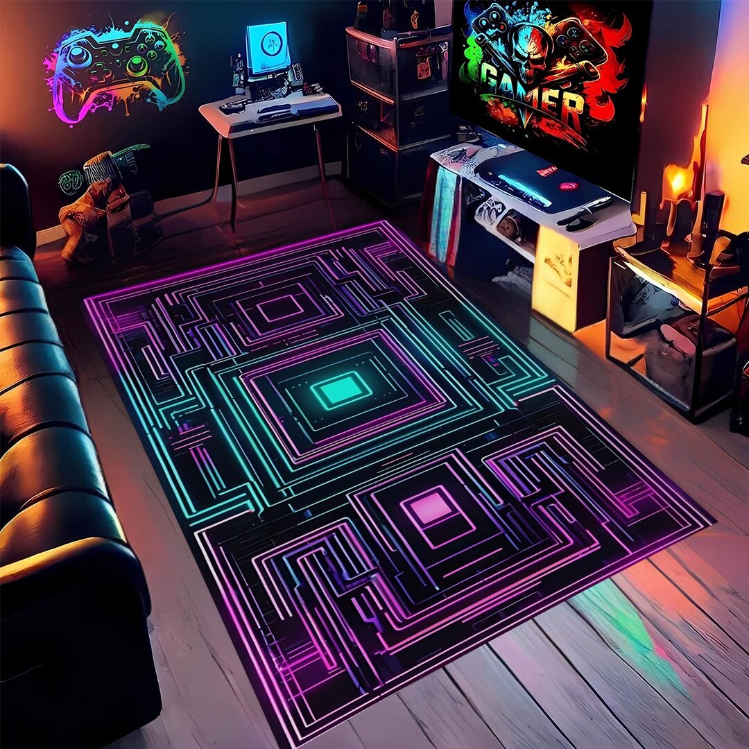 Neon Gamer Rug - Cyberpunk LED Style Gaming Room Carpet - Glowing RGB ...