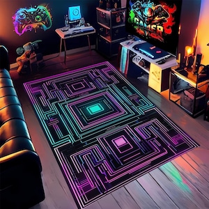 Neon Gamer Rug - Cyberpunk LED Style Gaming Room Carpet - Glowing RGB ...