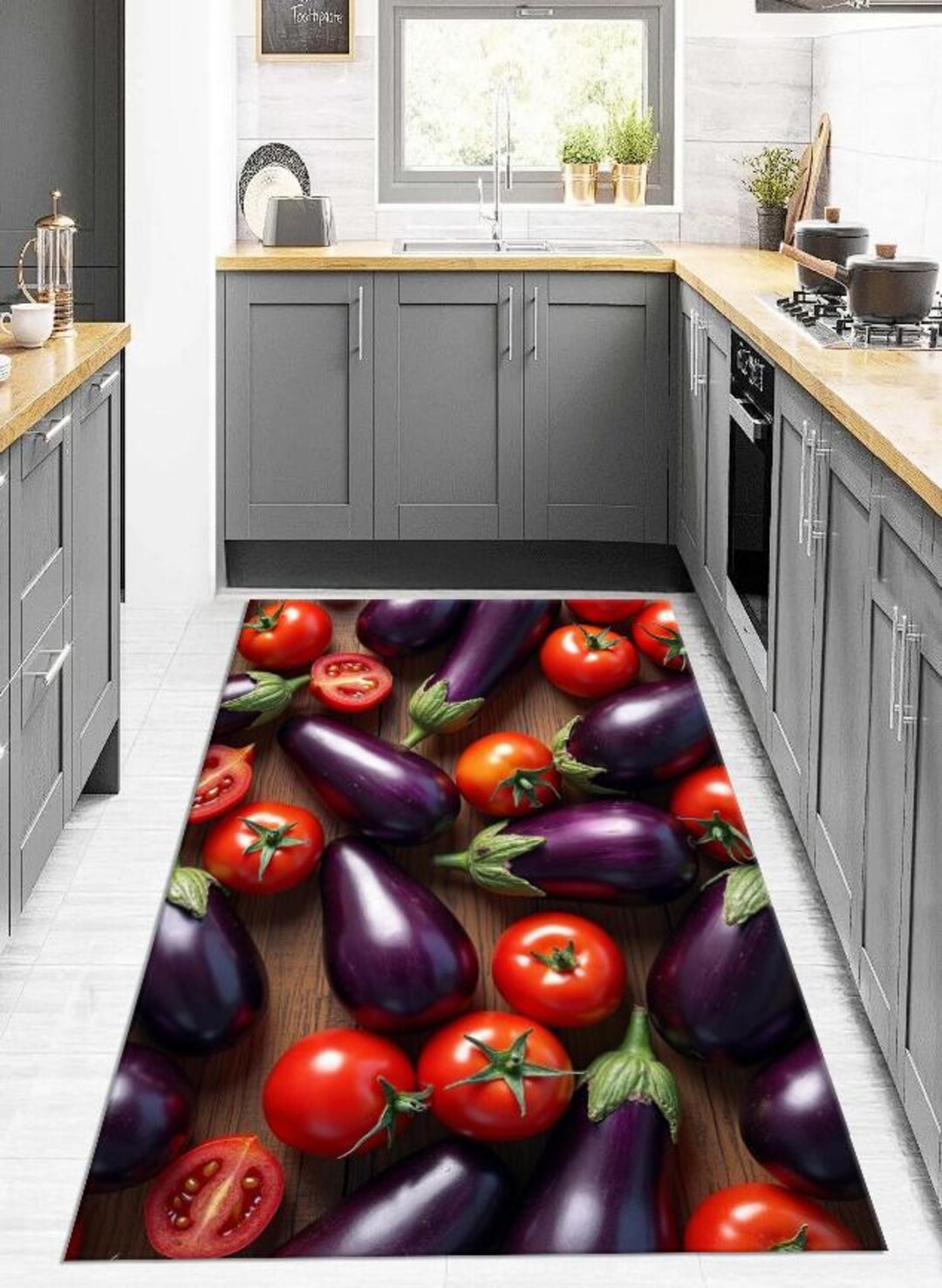 Realistic Kitchen Rug Eggplant & Tomato - Vibrant Vegetable Print Non ...