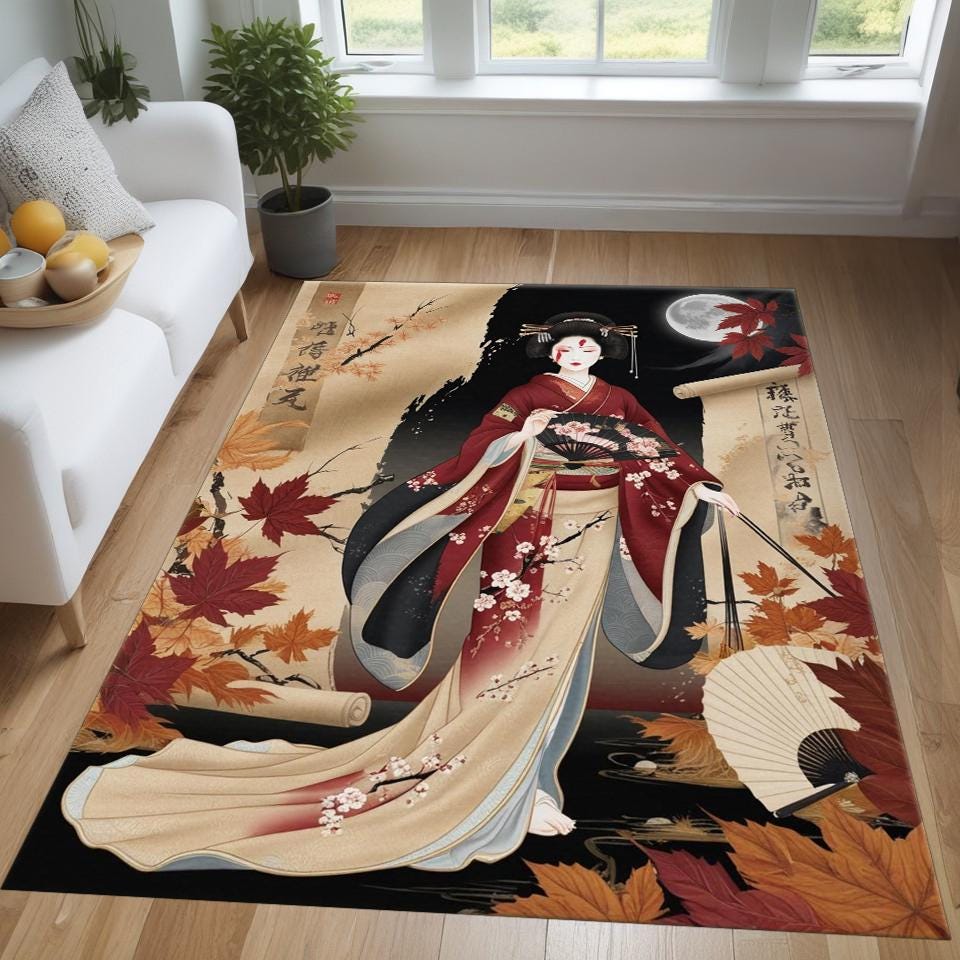 Japanese Geisha Rug Elegant Kimono Art Carpet Traditional Asian Decor ...