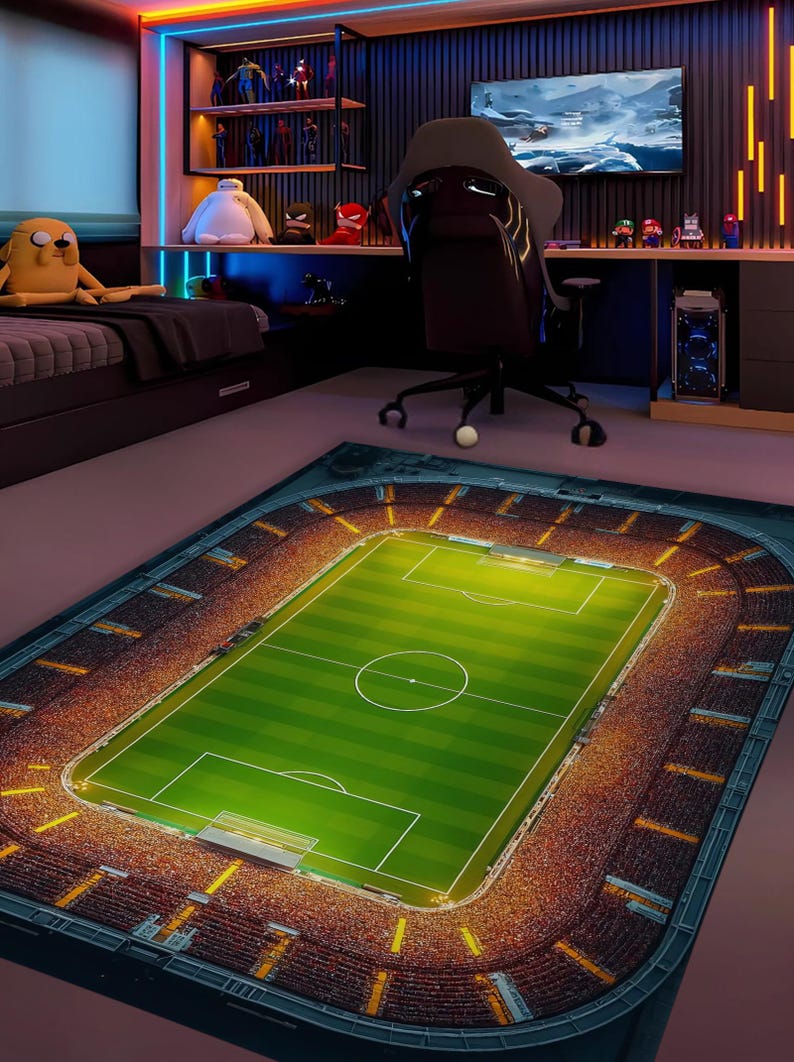 Soccer Stadium Rug - 3D Football Field Carpet - Gamer’s Room Decor ...