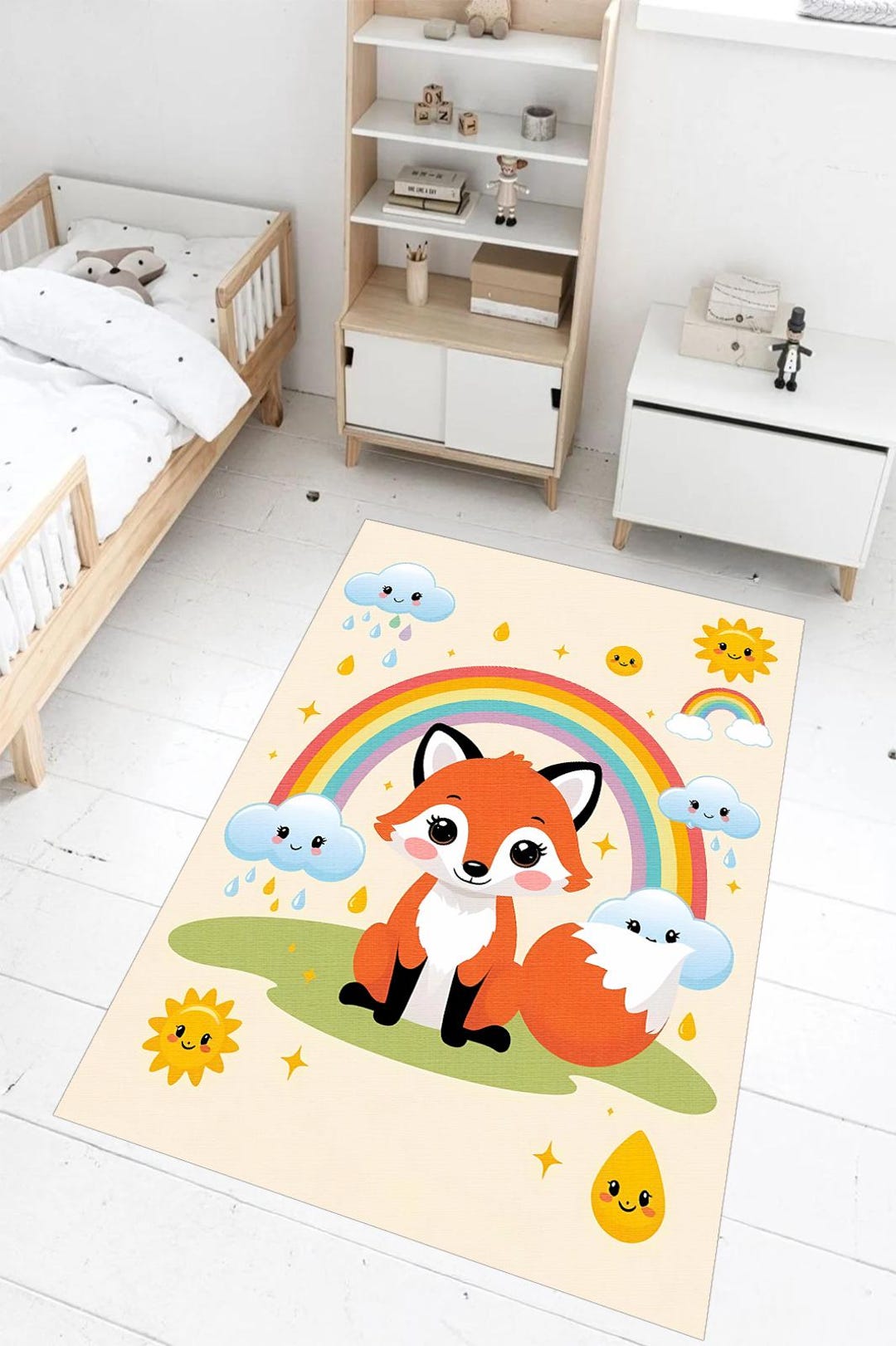 Fox Rainbow Kids Rug – Nursery Playroom Carpet, Non-slip Washable - Etsy