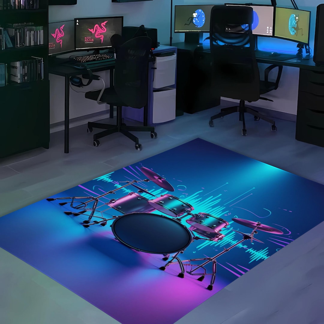 Neon Drum Set Rug: Gamer Room Music Carpet - Rock Band Vibe - Etsy