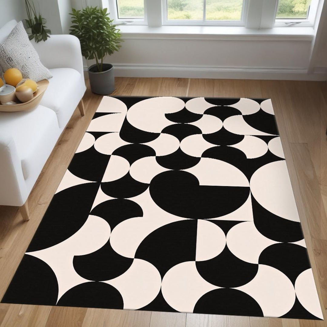 Black White Geometric Rug - Chic Abstract Pattern for Living Room ...