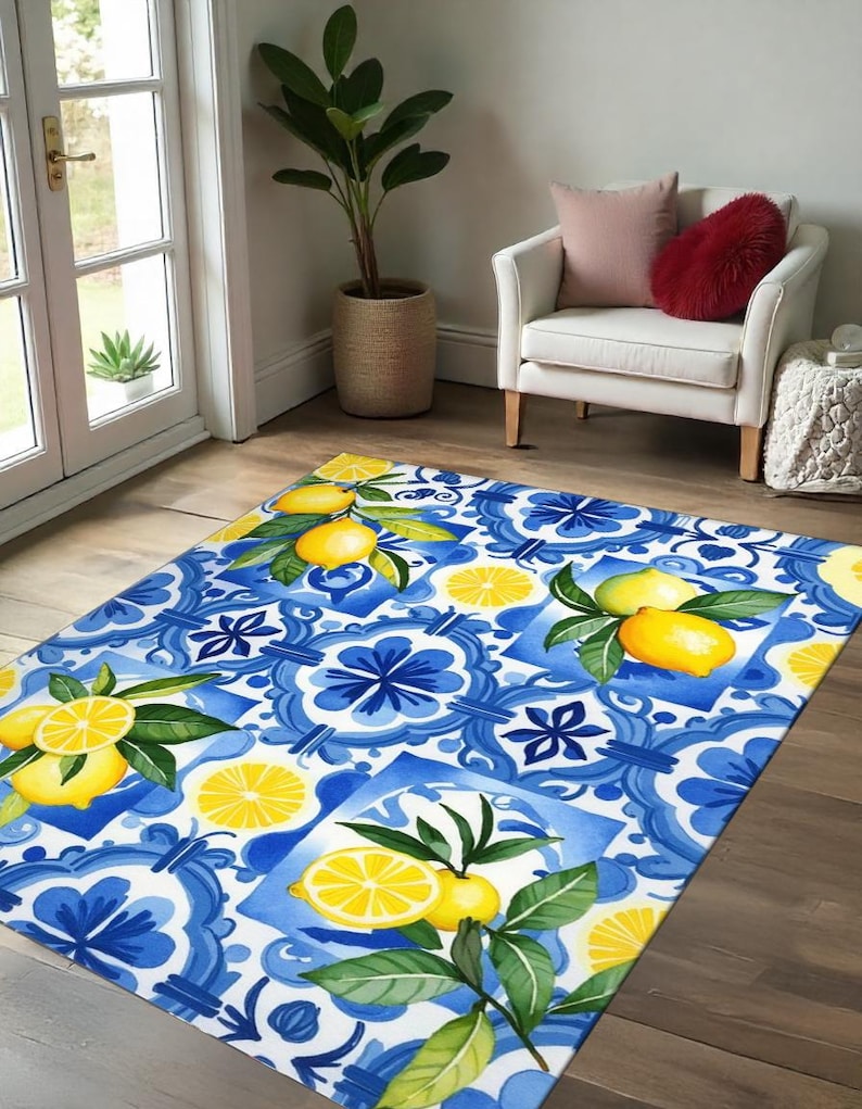 Lemon Kitchen Rug: Mediterranean Blue Tile, Non-slip Farmhouse Carpet ...