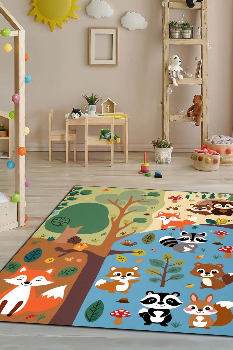 Kids Rug Woodland Animals - Cute Fox and Raccoon Play Mat - Soft ...