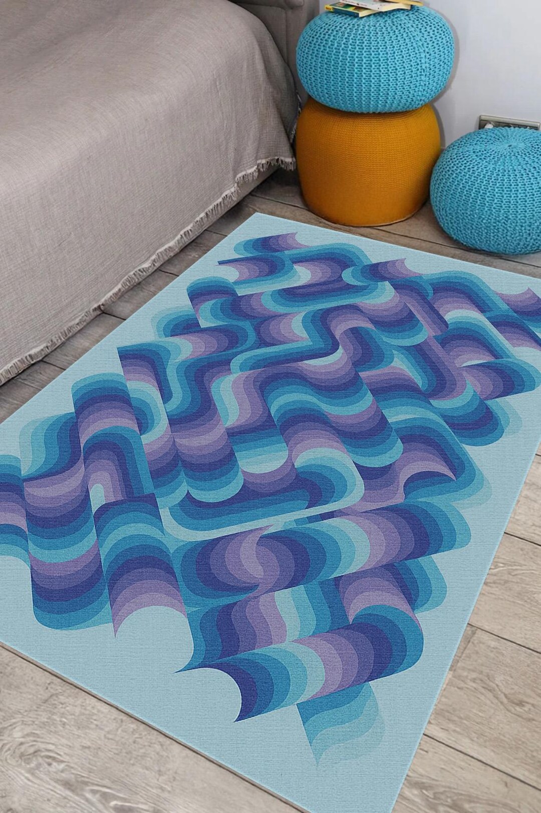 Blue Purple Wave Rug: Modern Abstract Geometric Carpet - Etsy