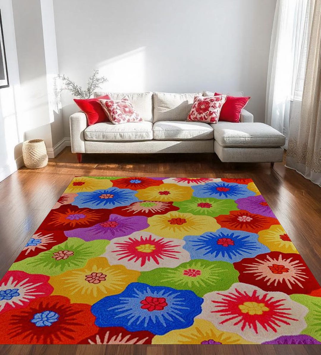 Colorful Kids Rug - Playful Floral Area Mat - Bright Nursery Carpet ...