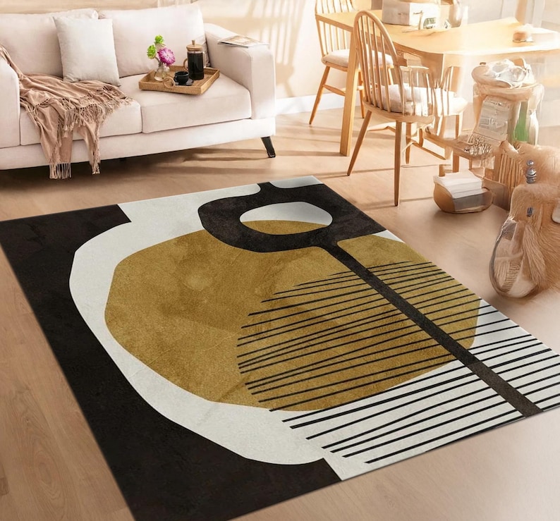 Boho Abstract Area Rug: Black, Gold, and Beige Geometric Carpet - Etsy