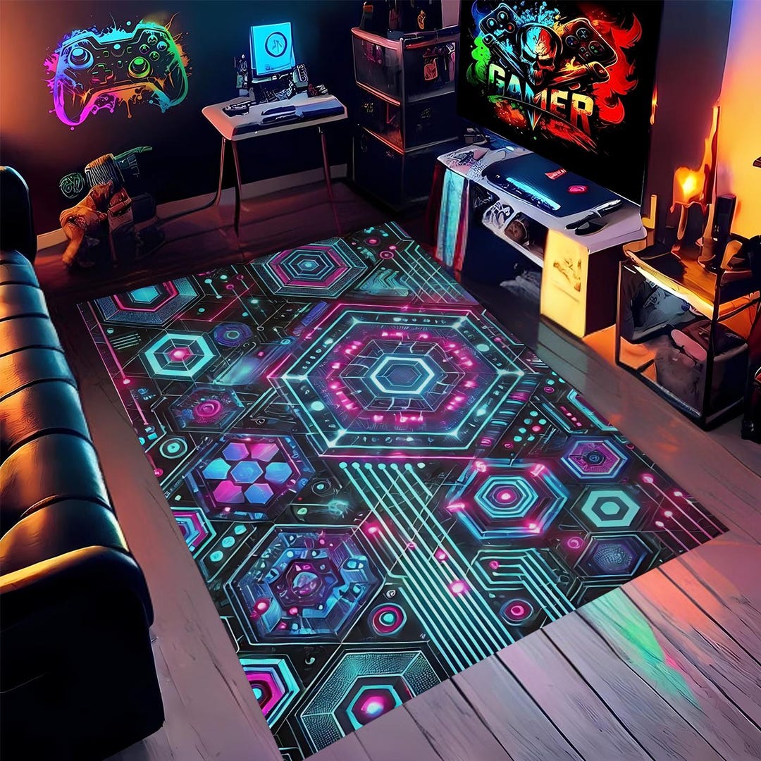 Neon Cyberpunk Gaming Rug – RGB LED Gamer Carpet – Non-slip Gaming ...