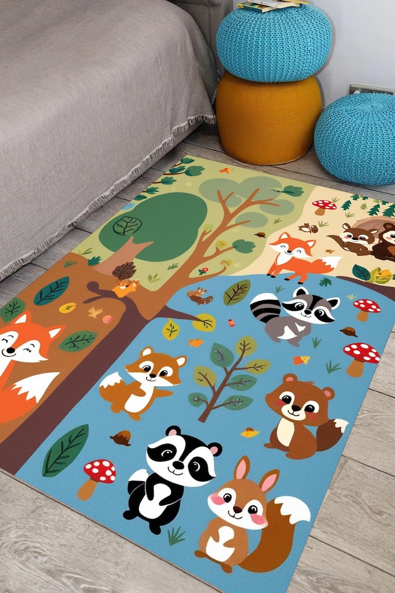 Kids Rug Woodland Animals - Cute Fox and Raccoon Play Mat - Soft ...