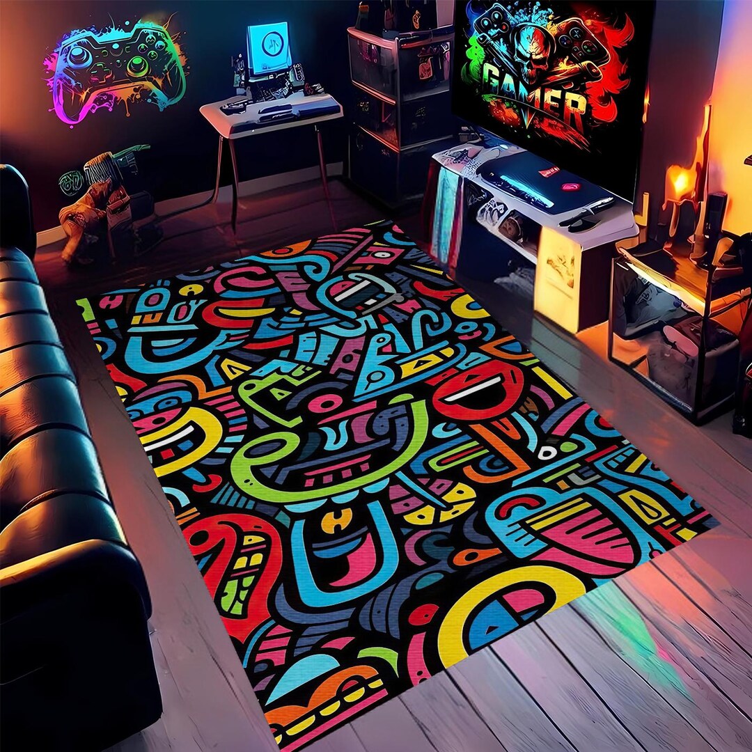 Neon Graffiti Gamer Rug – Abstract Doodle Gaming Room Carpet - Etsy
