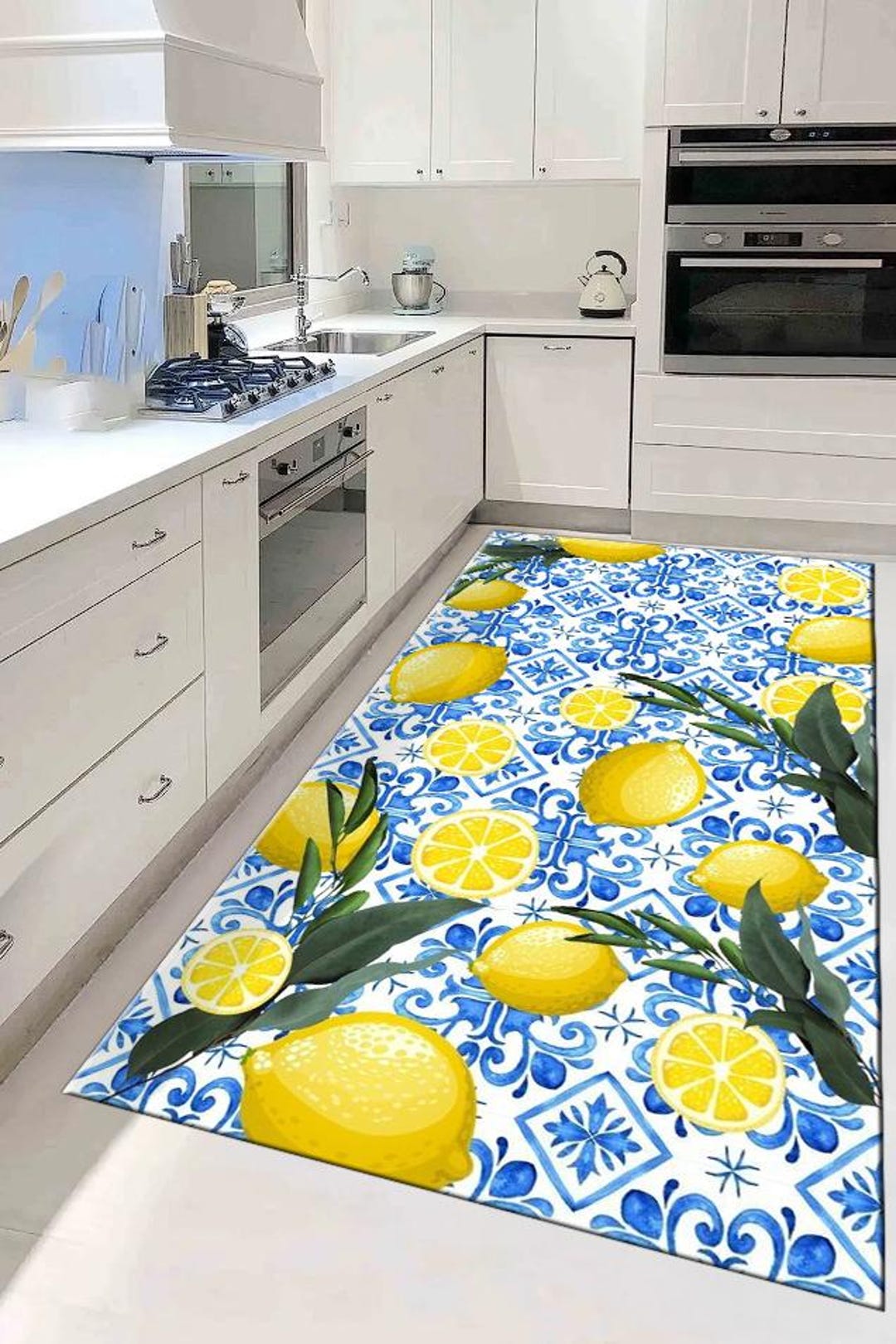 Lemon Kitchen Rug: Mediterranean Blue Tile, Washable Non-slip Carpet - Etsy