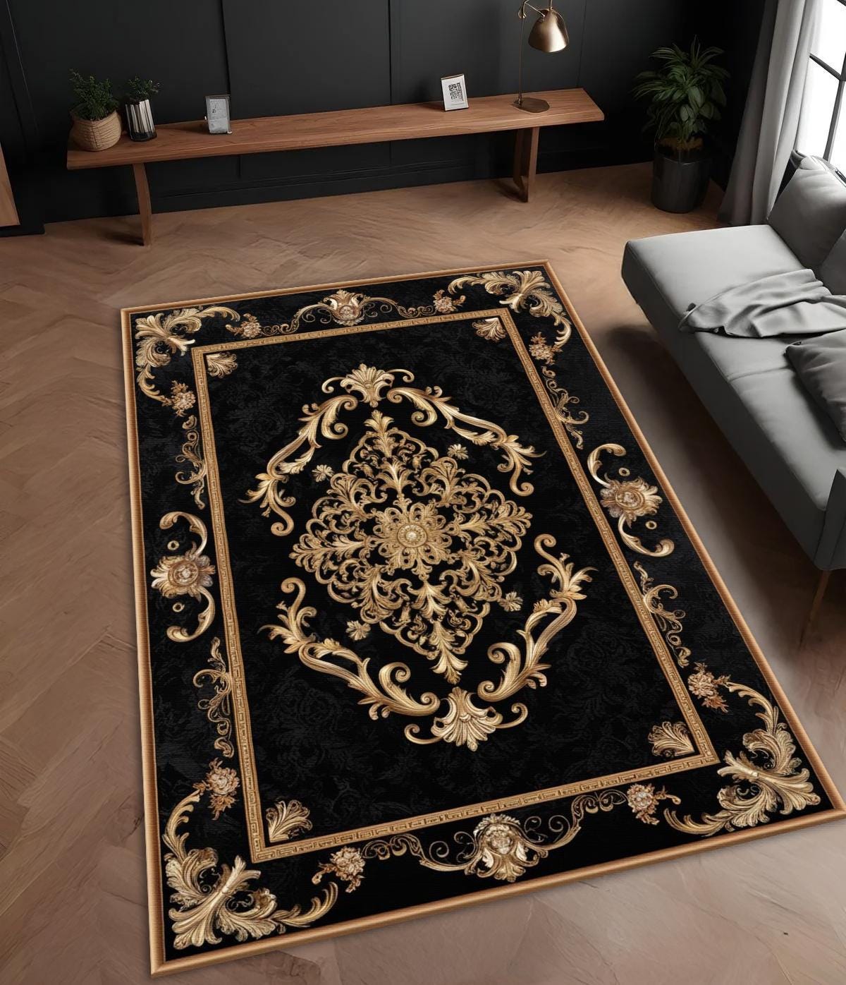 Black and Gold Baroque Rug - Elegant Ornate Vintage Style - Etsy