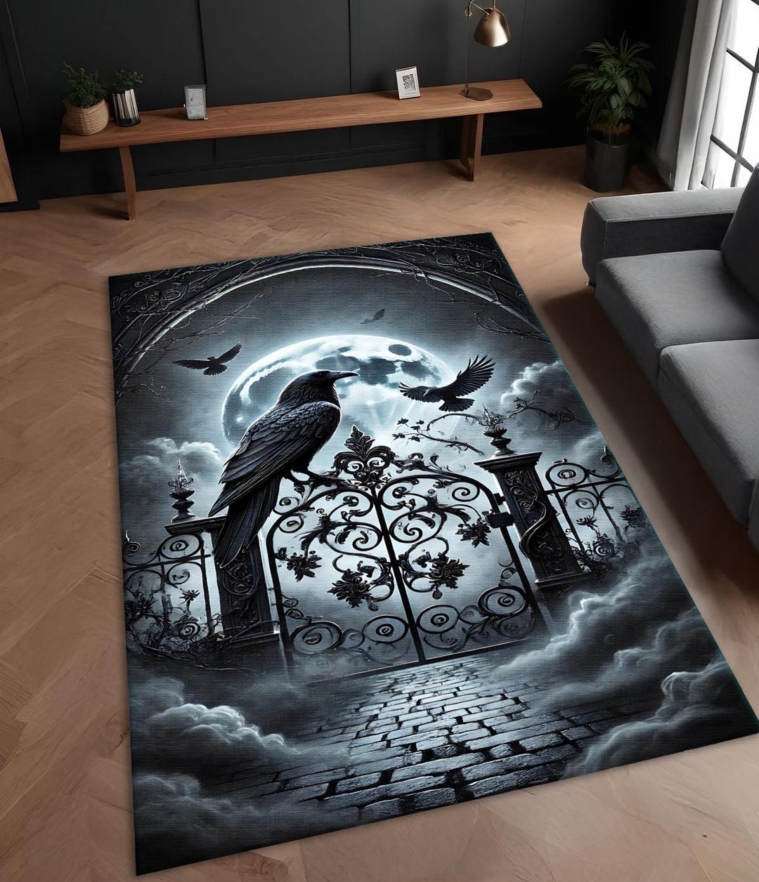Gothic Raven Moon Rug – Dark Mystic Living Room Carpet - Etsy