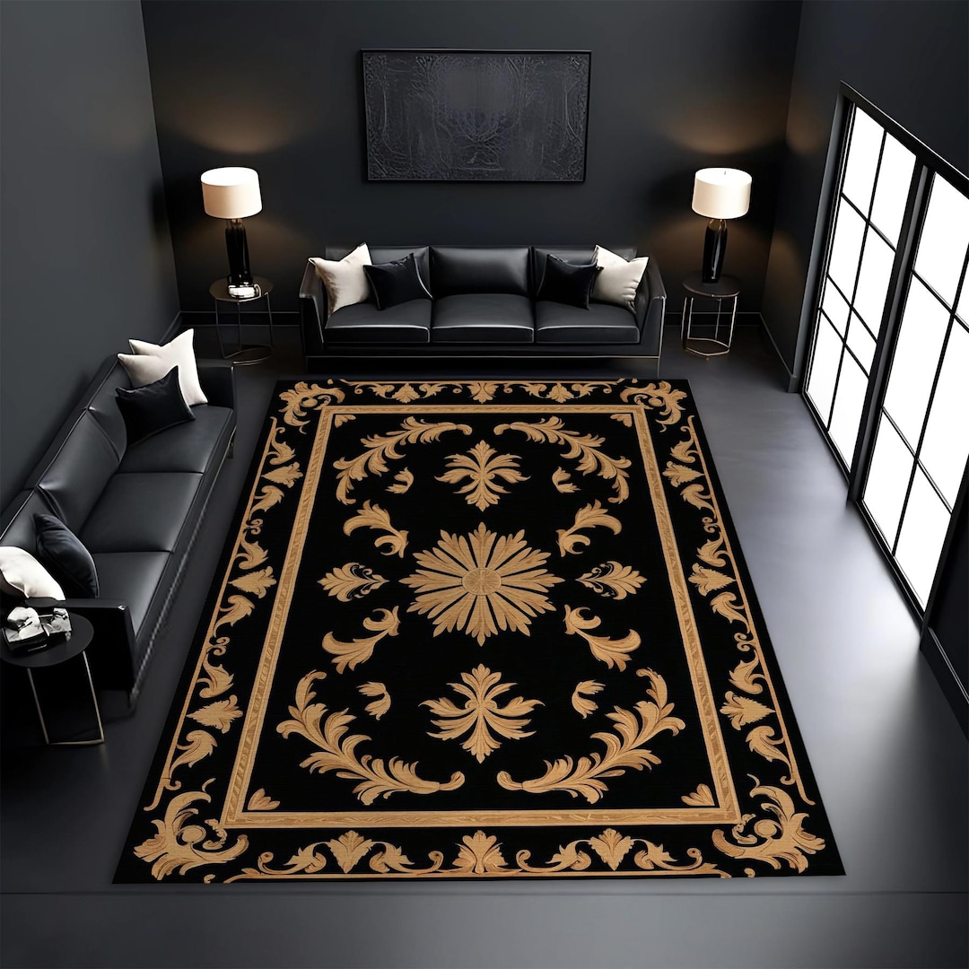 Black Gold Baroque Style Rug – Luxury Rococo-inspired Thin Print Carpet ...