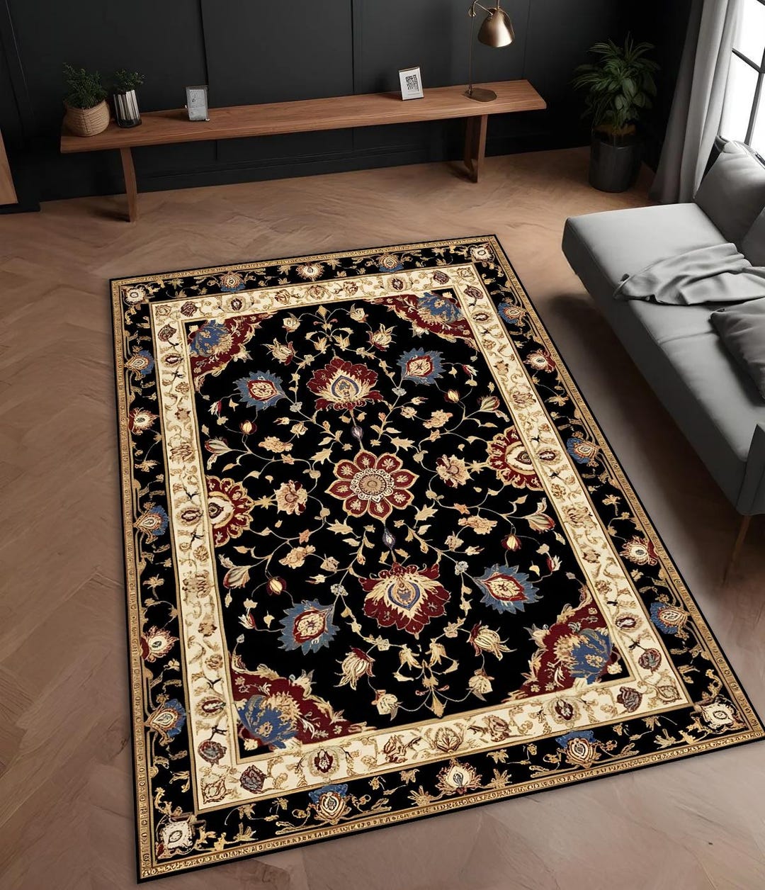 Black Persian Rug - Classic Oriental Carpet - Traditional Floral ...