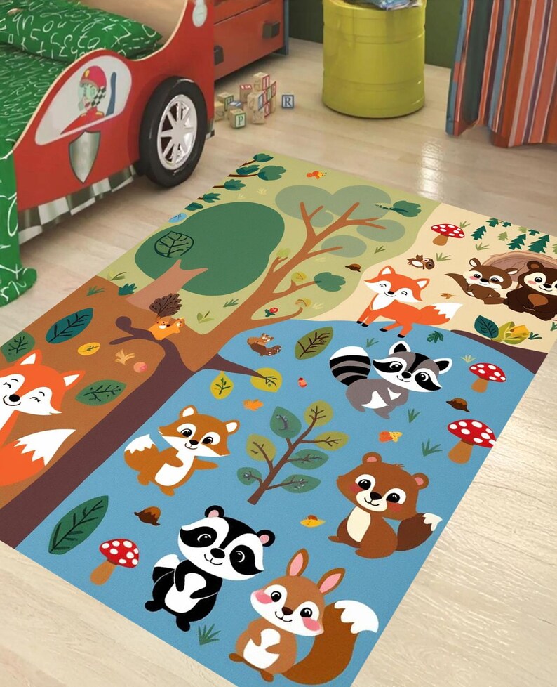 Kids Rug Woodland Animals - Cute Fox and Raccoon Play Mat - Soft ...