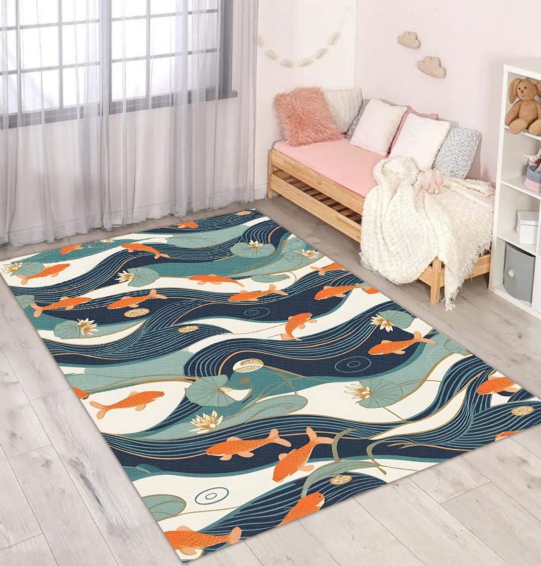 Koi Fish Area Rug: Japanese Zen Water Lily Design - Etsy