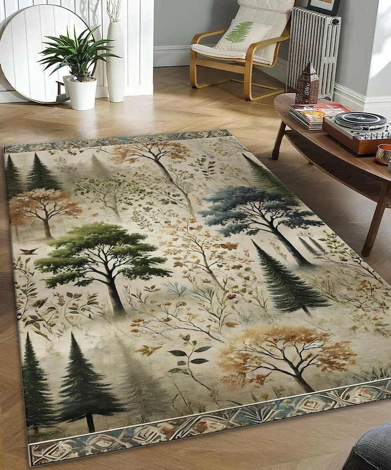 Woodland Area Rug: Rustic Forest Tree Print, Vintage Style - Etsy