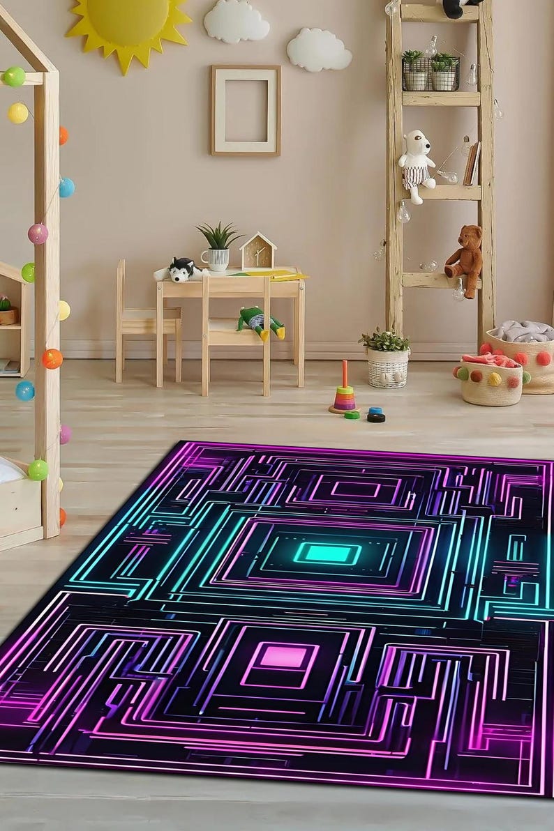 Neon Gamer Rug - Cyberpunk LED Style Gaming Room Carpet - Glowing RGB ...
