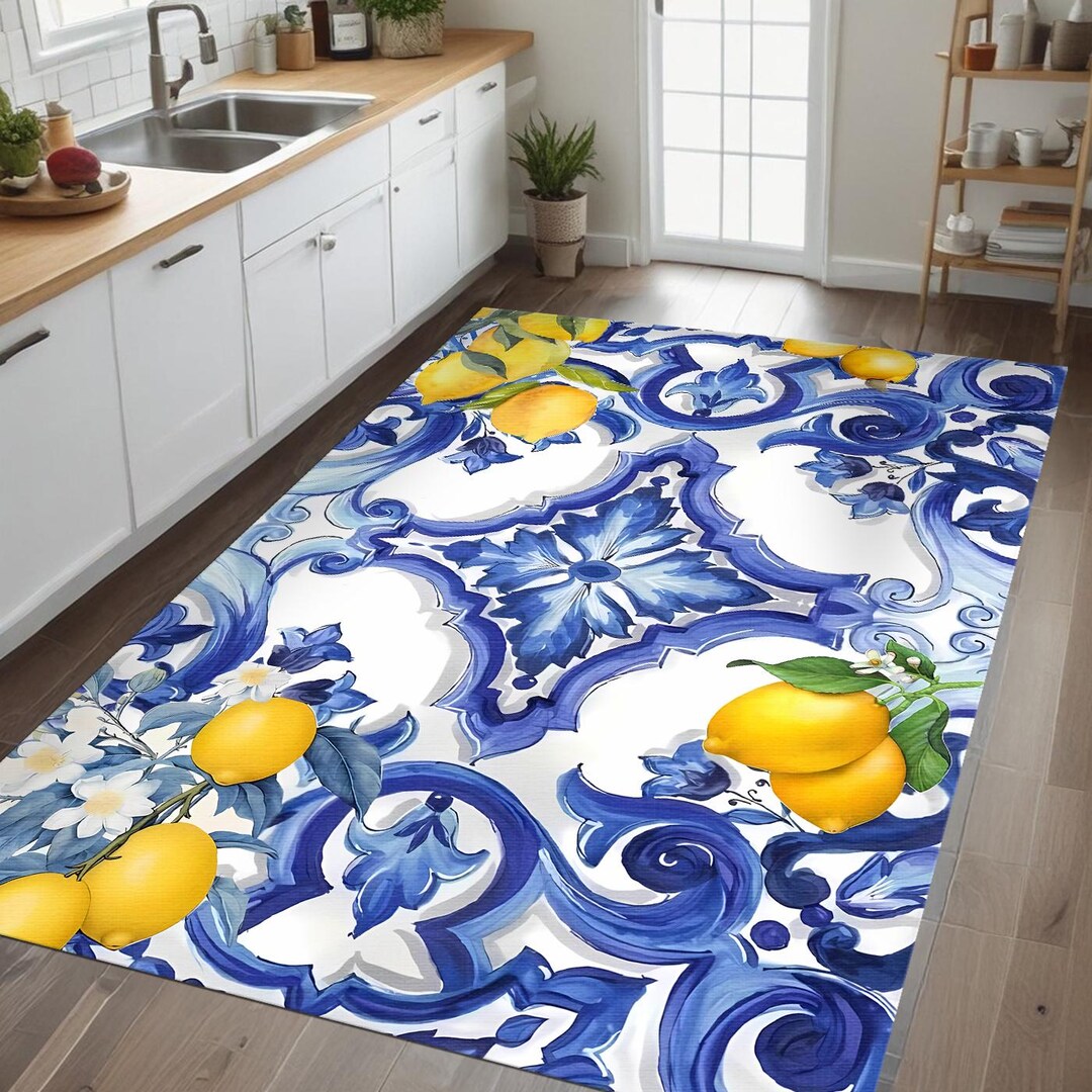 Lemon & Blue Tile Kitchen Rug – Mediterranean Ceramic Style - Etsy