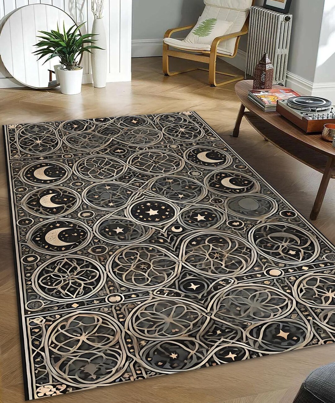 Gothic Celestial Rug - Black & Gold Moon and Star Carpet - Mystical ...