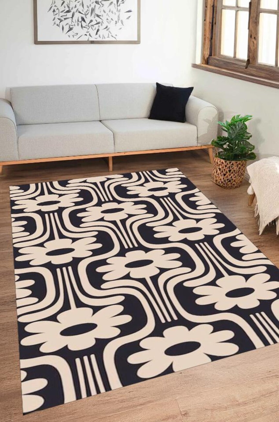 Boho Flower Rug: 70s Groovy Black & White Floral Carpet - Etsy