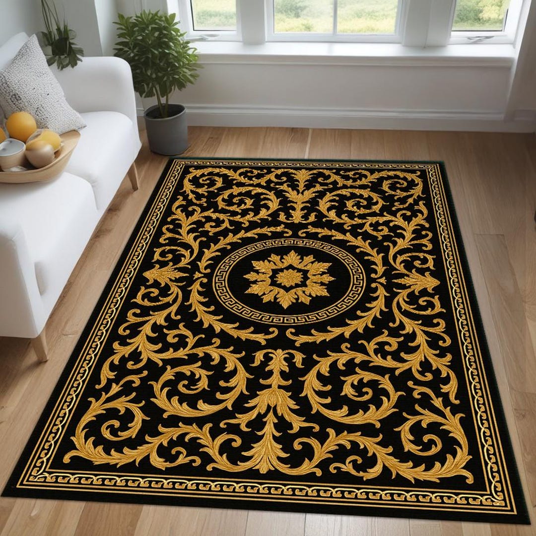 Black & Gold Baroque Rug – Rococo Style Medallion Print Carpet, Ornate ...