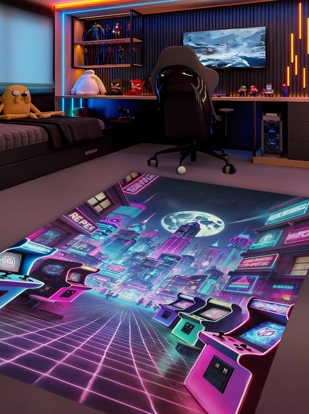 Cyberpunk Gaming Rug: Neon Arcade Cityscape, Soft Durable Floor Mat - Etsy