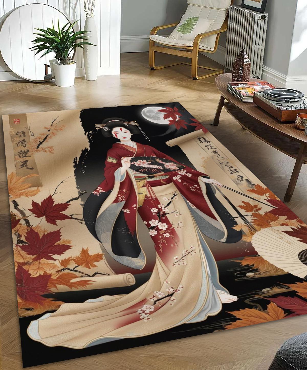 Japanese Geisha Rug Elegant Kimono Art Carpet Traditional Asian Decor ...