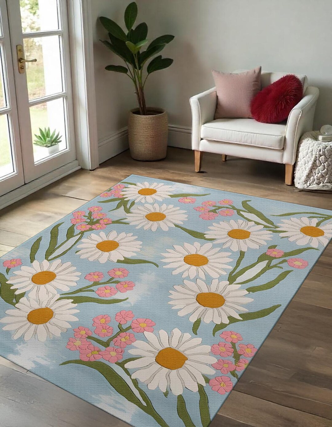 April Birth Flower Rug – Daisy & Sweet Pea Floral Rug, Digital Print ...