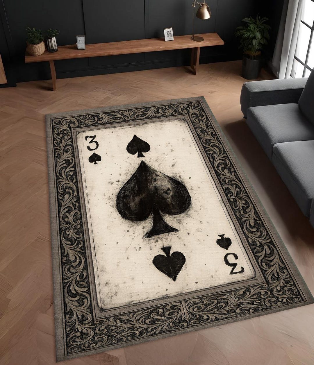 Playing Card Rug – 3 of Spades Design in Monochrome, Yellow Blue, Red ...