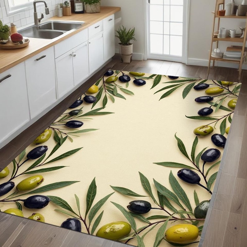 Olive Branch Kitchen Rug: Mediterranean Farmhouse Decor, Non-slip ...