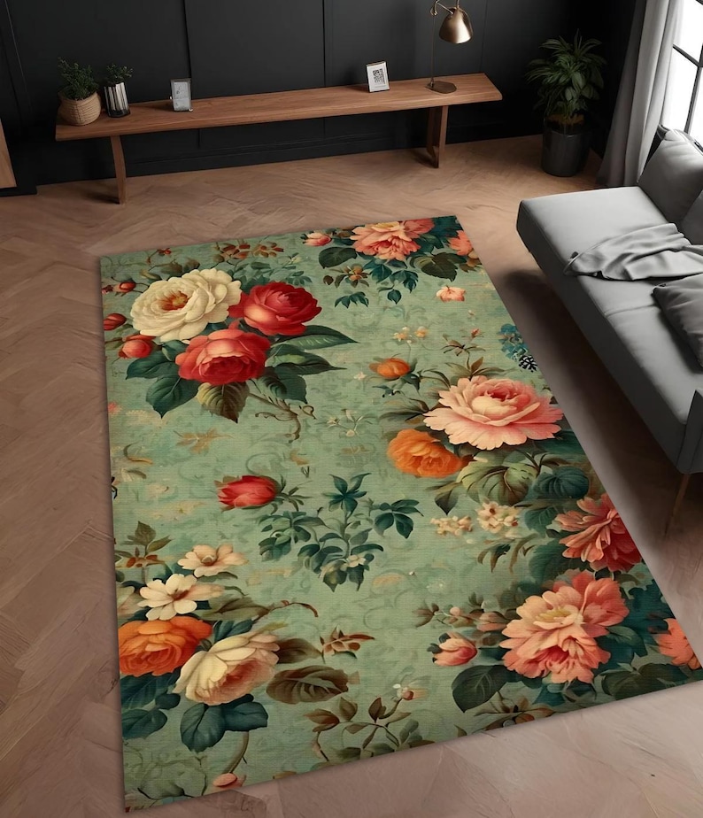 Floral Area Rug - Vintage Botanical Design, Non-slip Cottagecore Style ...
